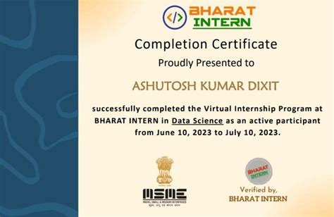 Ashutosh Kumar Dixit On Linkedin Datascience Internship Bharatintern