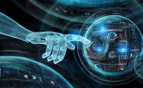 wireframed blue robot hand touching graph interface on dark background 3d rendering stock