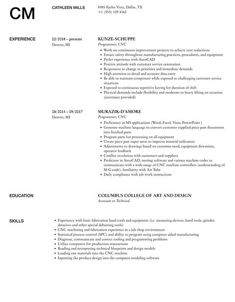 Programmer CNC Resume Samples Velvet Jobs
