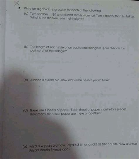 Write An Algebraic Expression For Each Of The Following A Toms Fathe