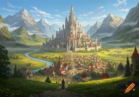 Colorful Overhead Illustration Of A Detailed Fantasy Village Nestled In