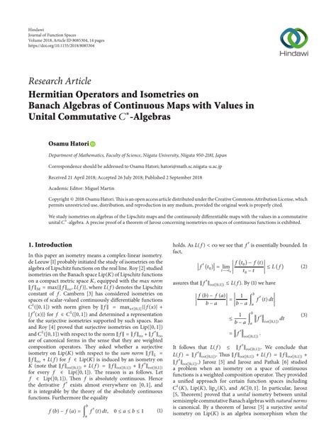 pdf hermitian operators and isometries on banach algebras of