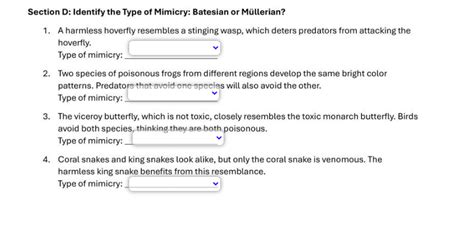 Solved Section D Identify The Type Of Mimicry Batesian Or