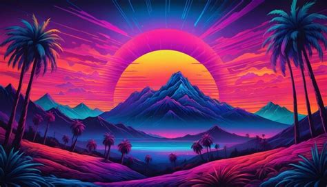 Premium Photo A Drawing Of A Sunset With A Mountain And Palm Trees