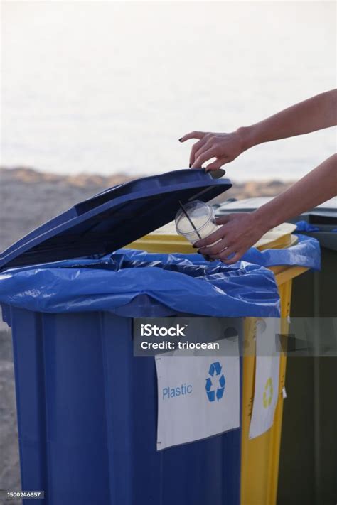 플라스틱 유리를 재활용 쓰레기통에 던지는 여자 대기 및 수질 오염을 줄이고 에너지를 절약하여 환경을 보호하는 개념 재활용 수거통에 대한 스톡 사진 및 기타 이미지 Istock