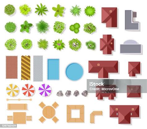 최고 보기 정원 요소 조경 건축 계획 벡터 격리 세트에 대한 공중 주택 녹색 나무와 덤불 수영장과 벤치 공중 뷰에 대한 스톡 벡터 아트 및 기타 이미지 Istock