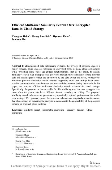 Efficient Multi User Similarity Search Over Encrypted Data In Cloud Storage Request Pdf