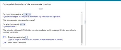 Solved For The Quadratic Function F X X2 8x Answer Parts Chegg Com