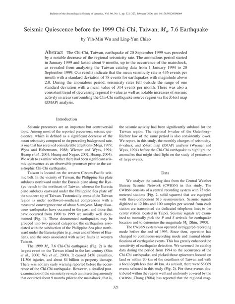 Pdf Seismic Quiescence Before The 1999 Chi Chi Taiwan Mw 76 Earthquake