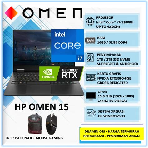 Jual Laptop Gaming HP OMEN 15 Intel I7 32GB 2TB SSD RTX3060 6GB 15 FHD IPS 144Hz Windows 11