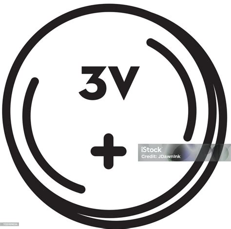 배터리 3 볼트의 Cr2032 리튬 배터리 평면 간단한 개요 라인 아트 디자인 아이콘 배터리 전원에 대한 스톡 벡터 아트 및