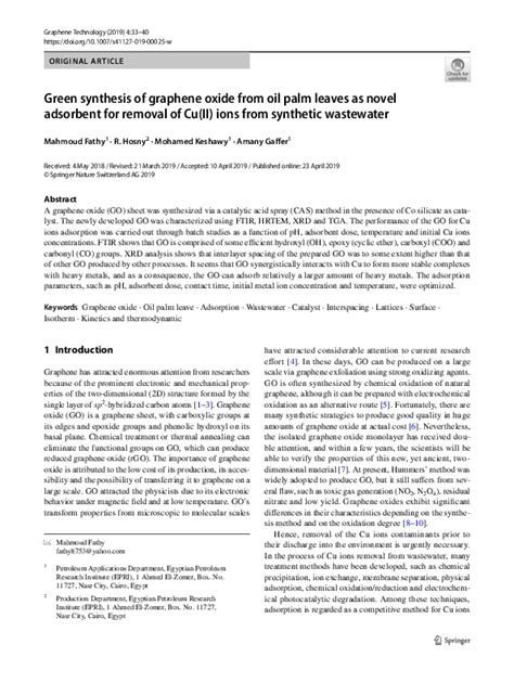 Pdf Green Synthesis Of Graphene Oxide From Oil Palm Leaves As Novel Adsorbent For Removal Of