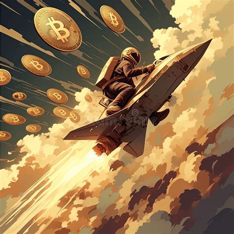 Man With Jetpack Soaring Amidst Bitcoin Symbols In The Sky Stock Illustration Illustration Of