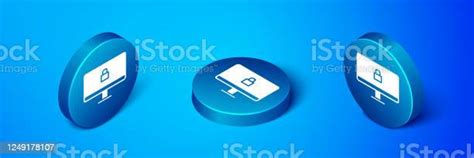 파란색 배경에서 격리된 컴퓨터 모니터 화면 아이콘의 등색 잠금입니다 보안 안전 보호 개념 안전한 인터넷 작업 파란색 원 버튼입니다 벡터 일러스트레이션 3차원 형태에 대한