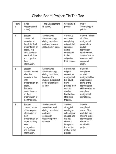 grading rubric tic tac toe pdf learning behavior modification