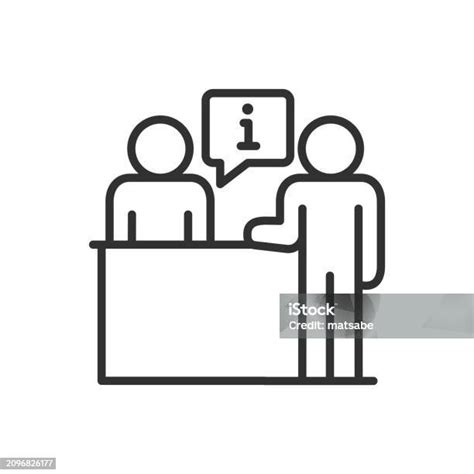 안내 데스크 리셉션 선형 아이콘 사람은 테이블에서 질문에 대답하고 다른 사람에게 정보를 알려줍니다 상담 편집 가능한 획이 있는 선 아이콘에 대한 스톡 벡터 아트 및 기타