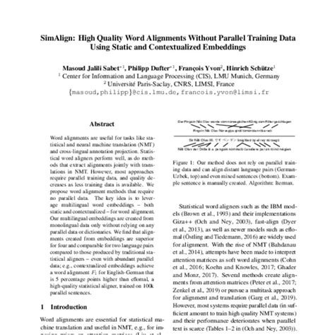 Simalign High Quality Word Alignments Without Parallel Training Data