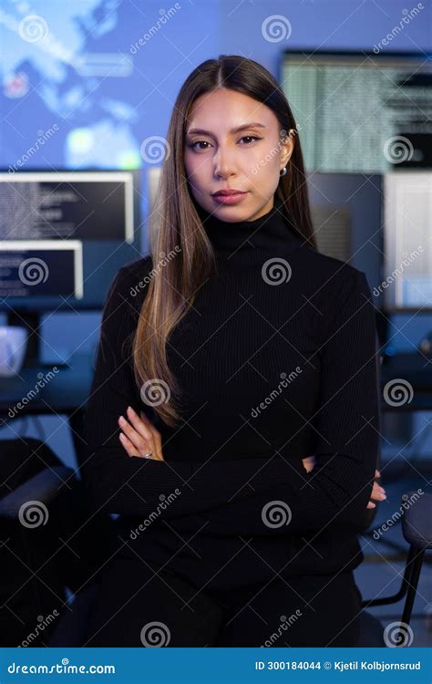 Confident Female Cybersecurity Analyst Or Manager In Large Cyber