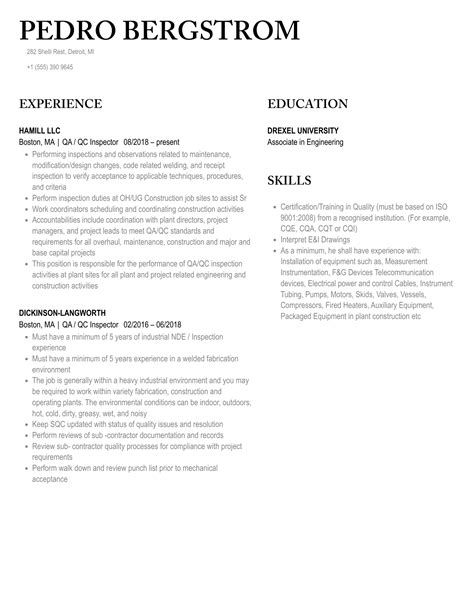 QA QC Inspector Resume Samples Velvet Jobs