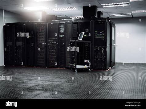 Control Room Empty Or Laptop For Internet Connection Computing Network Or Cyber Security