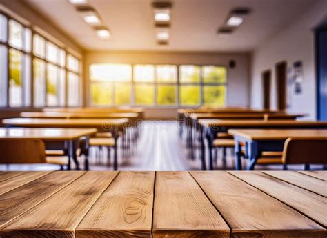 Empty Wooden Table Top And Blur Of Room On A Blur Class Room Decoration