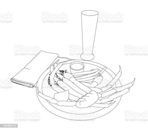접시에 게가있는 요리의 개요 냅킨 및 흰색 배경에 고립 된 검은 색 선의 유리 아이소메트릭 뷰 벡터 일러스트레이션 갈고리 발톱에 대한 스톡 벡터 아트 및 기타 이미지