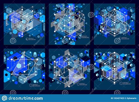 Trendy Geometric Vector Patterns Set Textured Abstract Cube Mesh Blue Black Background