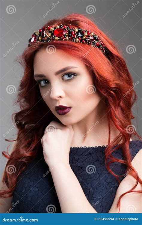 Beautiful Red Haired Fashion Model Posing In Stock Photo Image Of Jewelry Gown