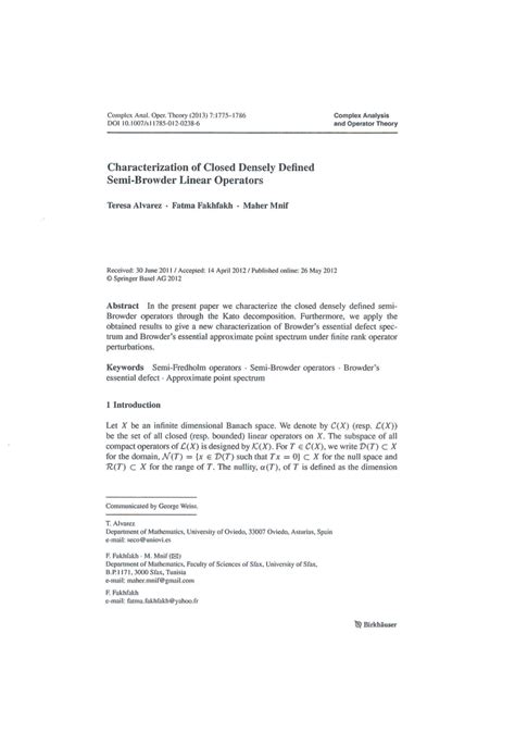 Pdf Characterization Of Closed Densely Defined Semi Browder Linear Operators