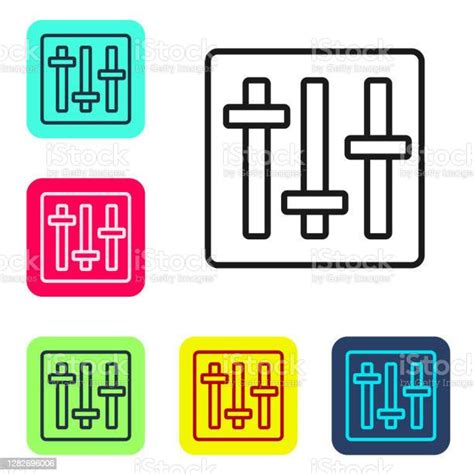 흰색 배경에 격리 된 블랙 라인 사운드 믹서 컨트롤러 아이콘 Dj 장비 슬라이더 버튼 믹싱 콘솔 색상 정사각형 단추로 아이콘을 설정합니다 벡터 Dj에 대한 스톡 벡터 아트