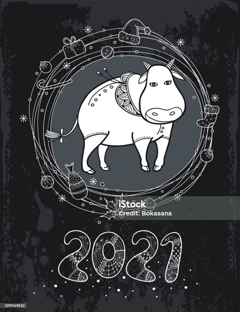 벡터 는 검은 배경에 귀여운 흰색 황소와 실버 겨울 장식을 윤곽 0명에 대한 스톡 벡터 아트 및 기타 이미지 0명 1월