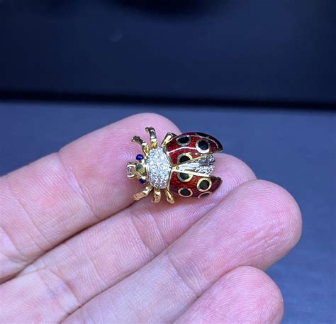 Tiffany And Co 18k Yellow Gold And Enamel Ladybug Diamond Brooch For