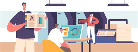 인쇄소 또는 인쇄 서비스 센터 와이드스크린 오프셋 잉크젯 프린터 폴리그래피로 작업하는 남성과 여성 Cmyk에 대한 스톡 벡터 아트 및 기타 이미지 Istock