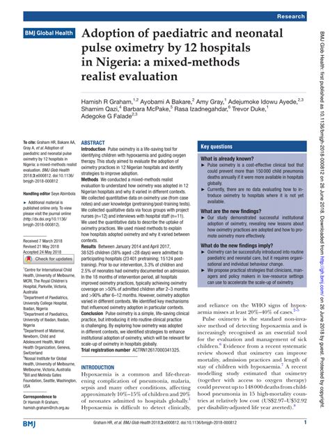 Pdf Adoption Of Paediatric And Neonatal Pulse Oximetry By 12 Hospitals In Nigeria A Mixed