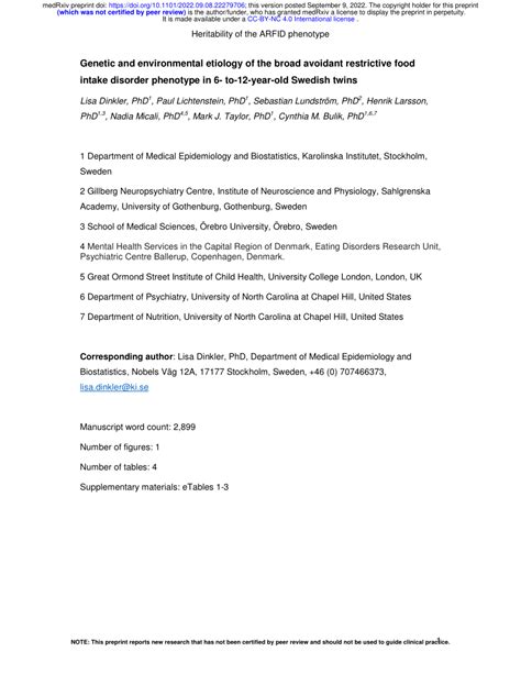 Pdf Genetic And Environmental Etiology Of The Broad Avoidant Restrictive Food Intake Disorder