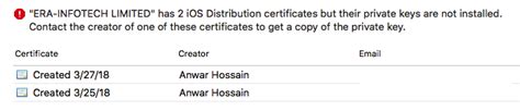 Ios App Update Has 2 Ios Distributed Certificates But Their Private Key Are Not Installed
