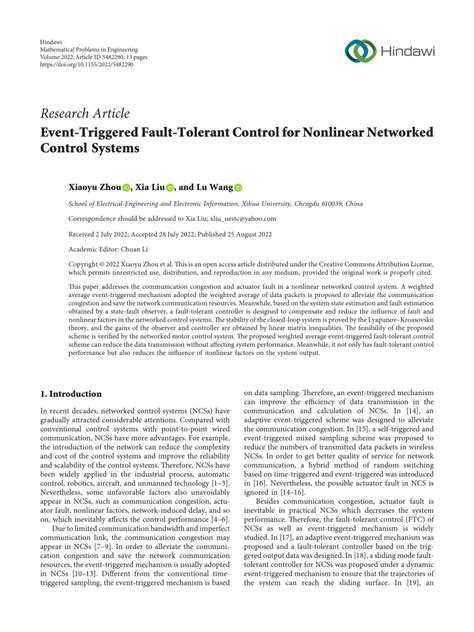 Pdf Event Triggered Fault Tolerant Control For Nonlinear Networked