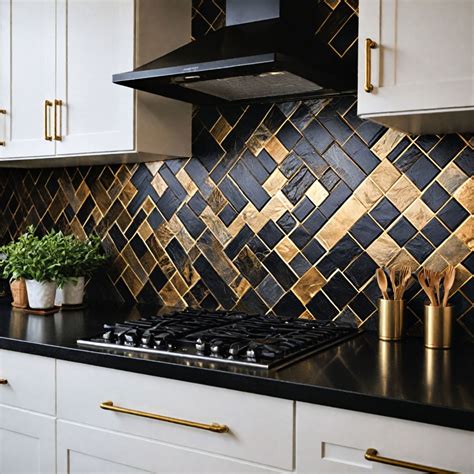 Kitchen Black And Gold Backsplash