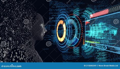 Composition Of Exploding Human Digital Head With Scopes Scanning And Data Processing Stock