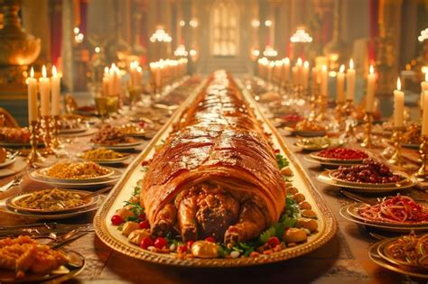 Premium Photo Lavish Feast Banquet Table Setting With Succulent Roasted Pork Centerpiece