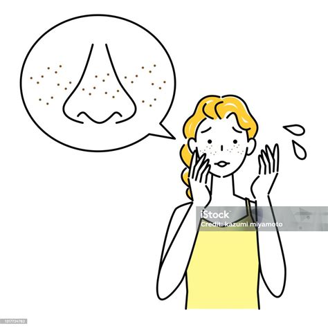 얼굴 피부 일러스트에 문제가있는 스킨 케어 여성 일러스트 심플 벡터 스킨 케어 얼굴 피부 문제로 고통받는 여성 나는 내 얼굴에 발진이있다 간단한 그림 벡터 개선에 대한 스톡