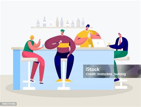 젊은 남자와 여 자가 문자 바에서 마시는 술집에서 노트북에 사업가 작동 합니다 친구 알코올 칵테일을 마시는 카페에 걸려입니다 플랫 만화 벡터 일러스트 레이 션 남자에 대한