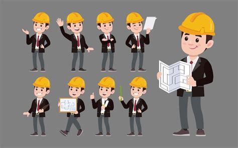 Premium Vector Set Of Engineer With Different Poses
