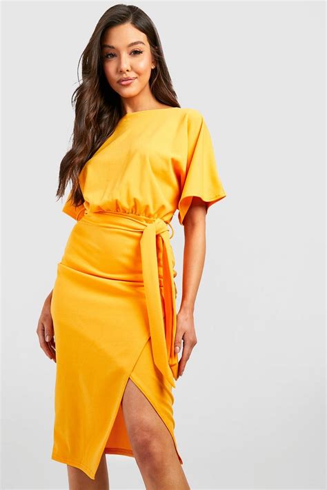 Slash Neck Tie Waist Midi Dress Boohoo Uk