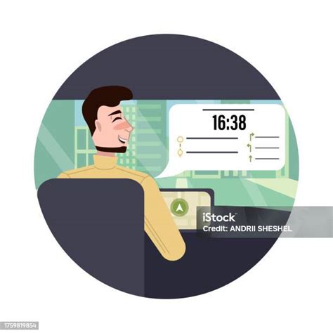 웃는 운전자가 차를 운전하고 있습니다 승객에게 도착 시간을 알려주는 남성 고름에 대한 스톡 벡터 아트 및 기타 이미지 고름 관광객 교통 Istock