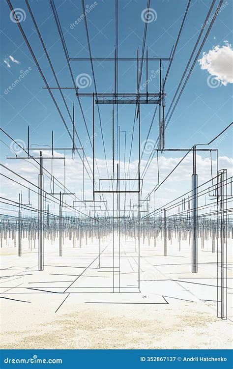 Blueprint Based Rendering Of High Voltage Power Connections In A Desert Solar Power Plant Stock