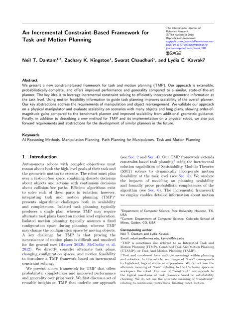 pdf an incremental constraint based framework for task and motion