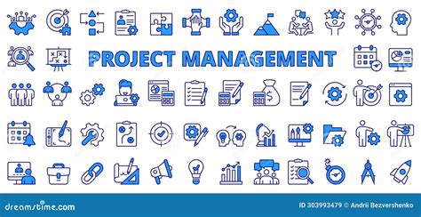 Project Management Icons In Line Design Blue Business Work Office Analysis Plan