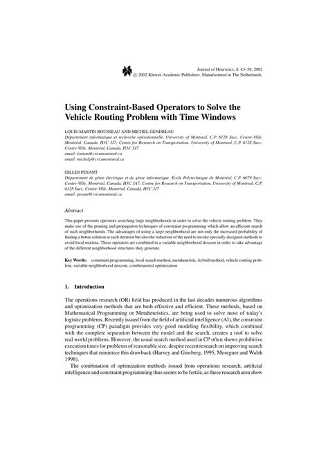 Pdf Using Constraint Based Operators To Solve The Vehicle Routing