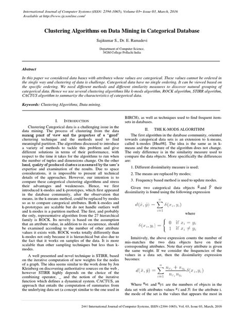 Clustering Algorithms On Data Mining In Categorical Database Pdf Cluster Analysis Databases